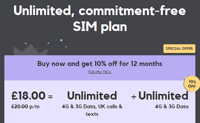 SMARTY's unlimited data SIM only: £18 a month offer